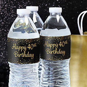 Black and Gold 40th Birthday Party Water Bottle Labels - 24 Stickers