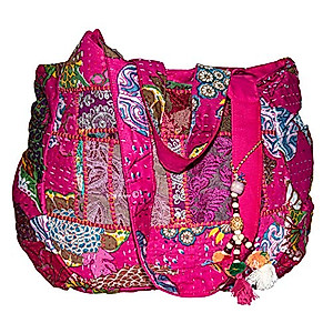TribeAzure Large Fashion Pink Canvas Shoulder Bag Handbag Unique Tote Quilt Vintage Beach Travel Summer