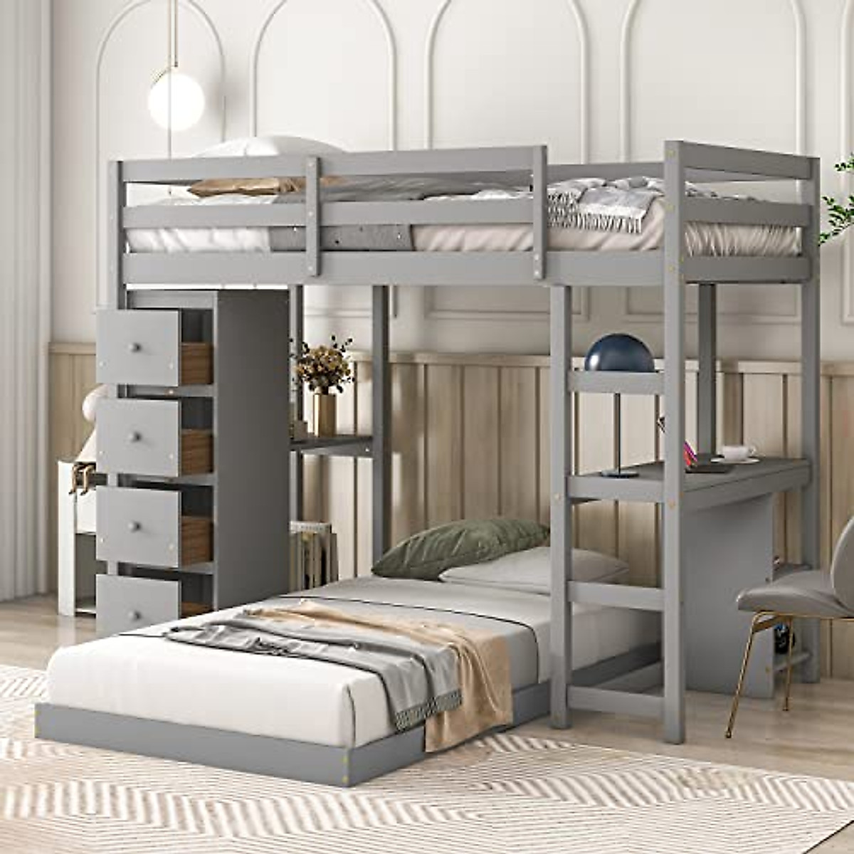 Merax Twin Over Twin Bunk Bed with 2 Desk and 4 Storage Drawers and Built-in Shelves, Wood Loft Bed Frame for Teens, No Box Spring Need, Grey
