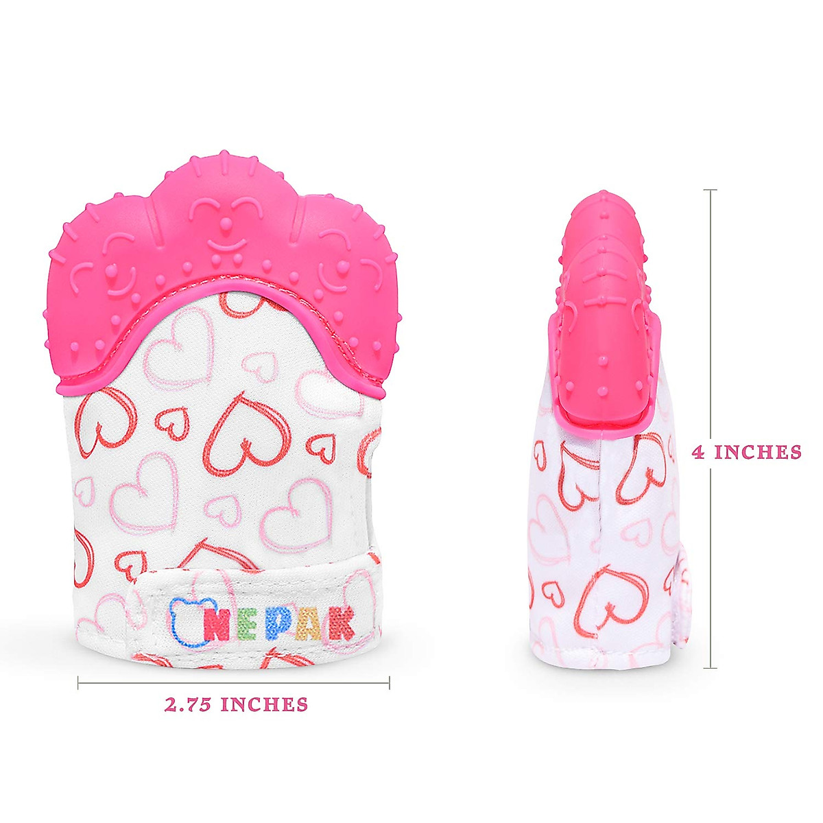 NEPAK Teething Mitten 2 Pcs-Baby Glove Stimulating Teether Toys for Boys & Girls-Teething Glove for 3-6 Months Baby (Pretty Sweet Heart,Pink)