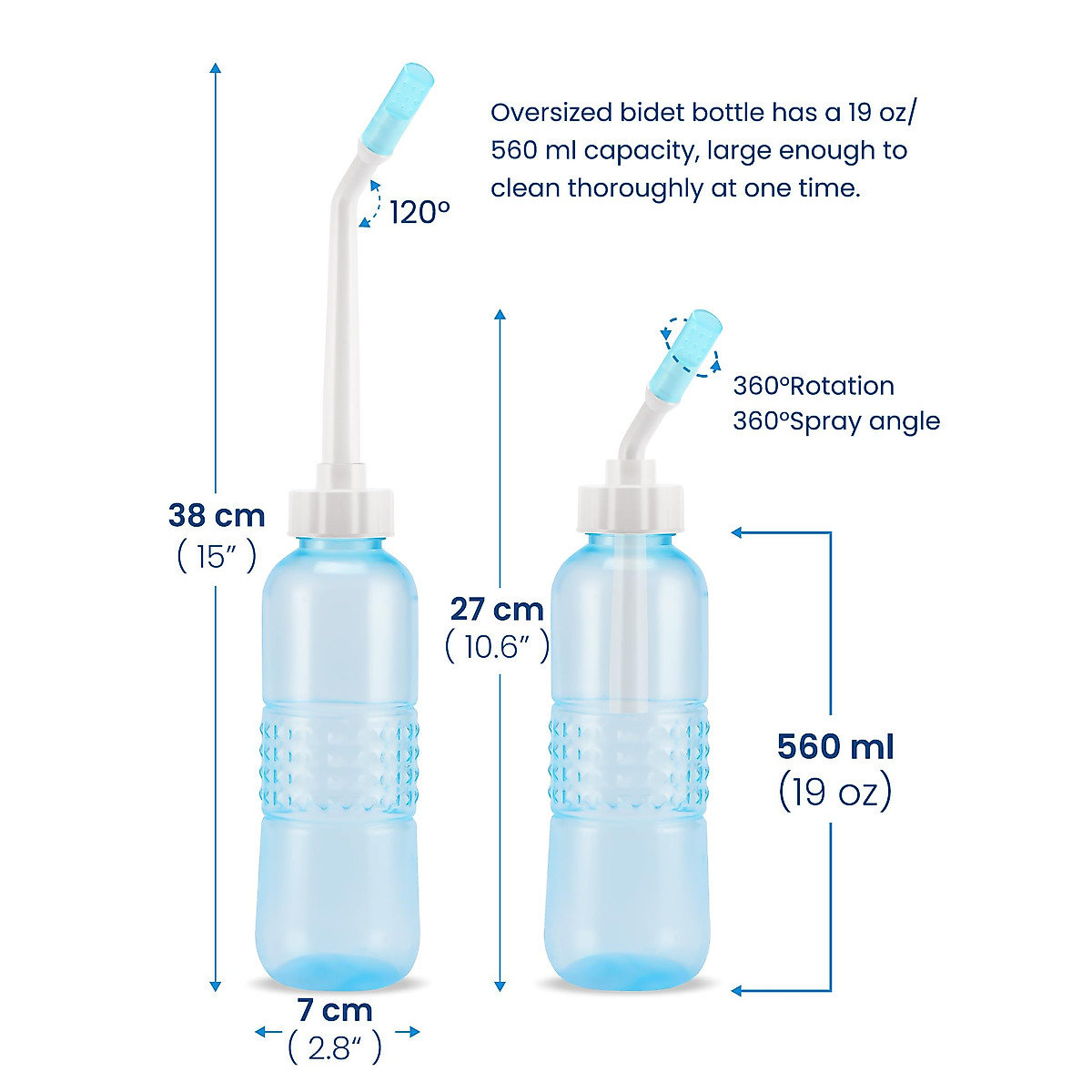 560 ml Large Portable Bidet Bottle Handheld Toilet Shataf Hand Spray Seat Water Sprayer Transparent Blue Bottle | Plus a Silicone Travel Bidet (Blue)