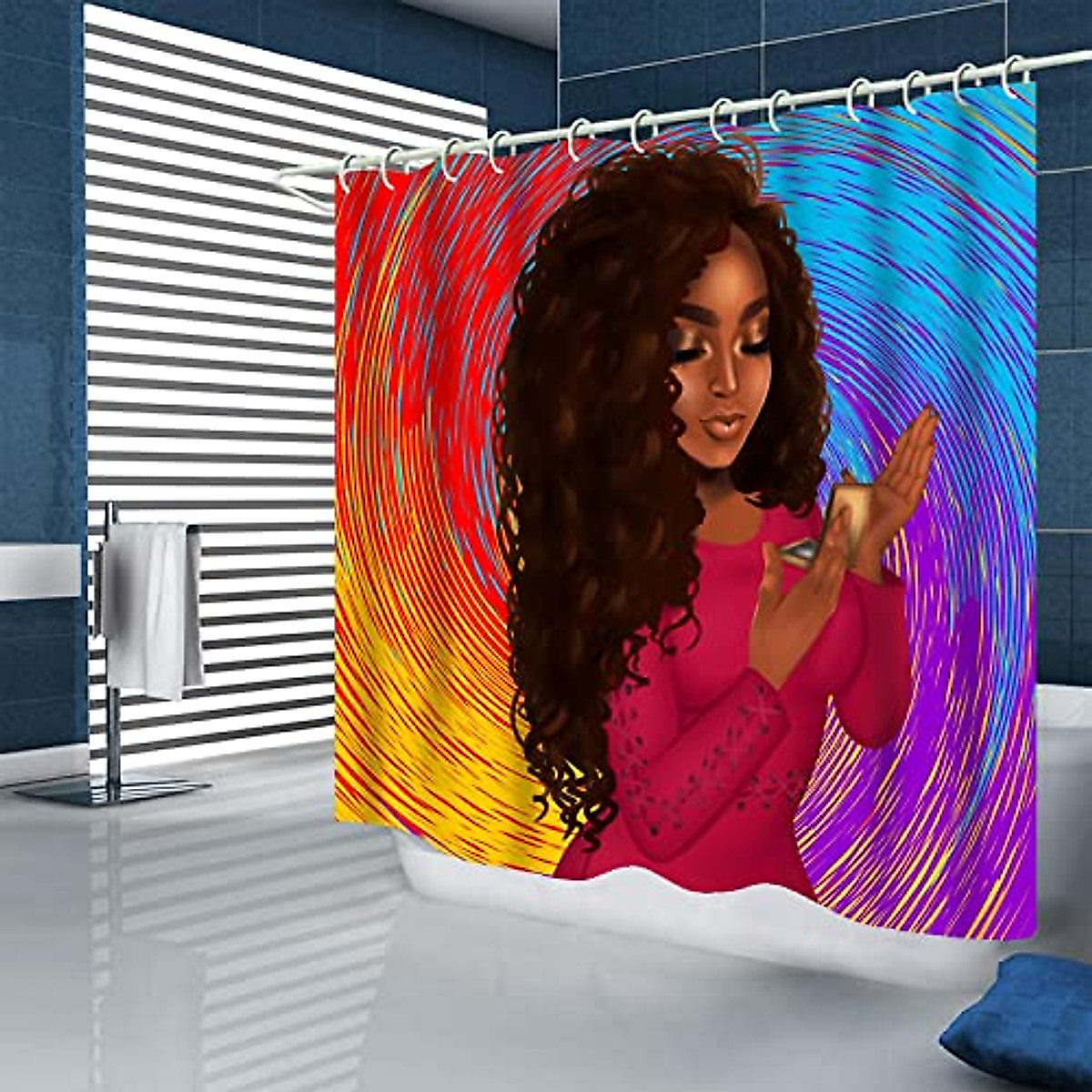 African American Woman Shower Curtains for Bathroom, 4PCS Bathroom Sets Include 1 Fabric Shower Curtain, 2 Non-Slip Bathroom Rugs and 1 Toilet Lid Cover, Black Girl Bathroom Decor (Purple)