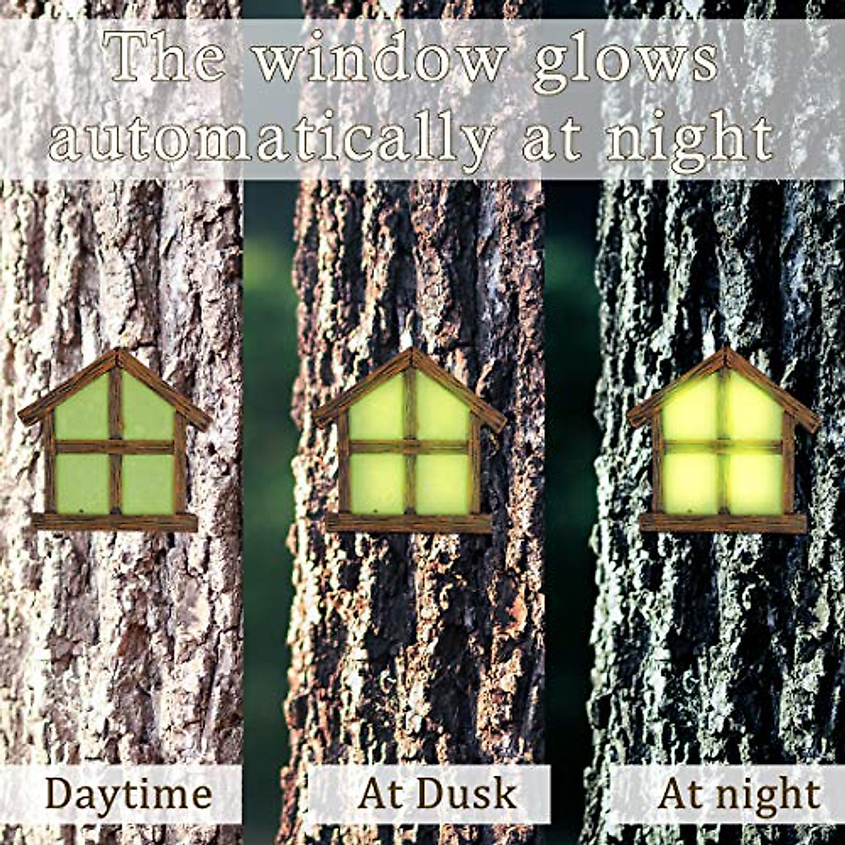 Juegoal Fairy Gnome Home Miniature Window and Door with Litter lamp for Trees Decoration, Glow in Dark Fairies Sleeping Door and Windows, Yard Art Garden Sculpture, Lawn Ornament Décor