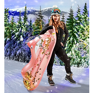 POZA Inflatable Rose Gold Snowmobile Sled - Luxurious Snow Sled with Handles filled with Gold Snowflake Confetti, Premium Cold Resistant PVC Heavy Duty Sled, Ski Sled for Adults and Kids - 51 Inches