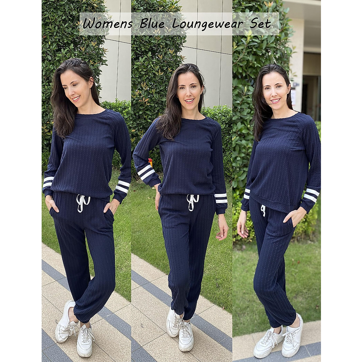 Ekouaer Lounge Sets for Women Ribbed Knit Outfits Pajamas Sets 2 Piece Long Sleeve Sweatsuits with Pockets Blue XL