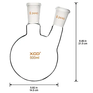 XCD Round Bottom Flask with 2 Necks, Borosilicate Glass Round Bottom Flask RBF Heavy Wall 2 Neck Lab Flask with 24/40 Center and Side Standard Taper Outer Joint (500 ml)