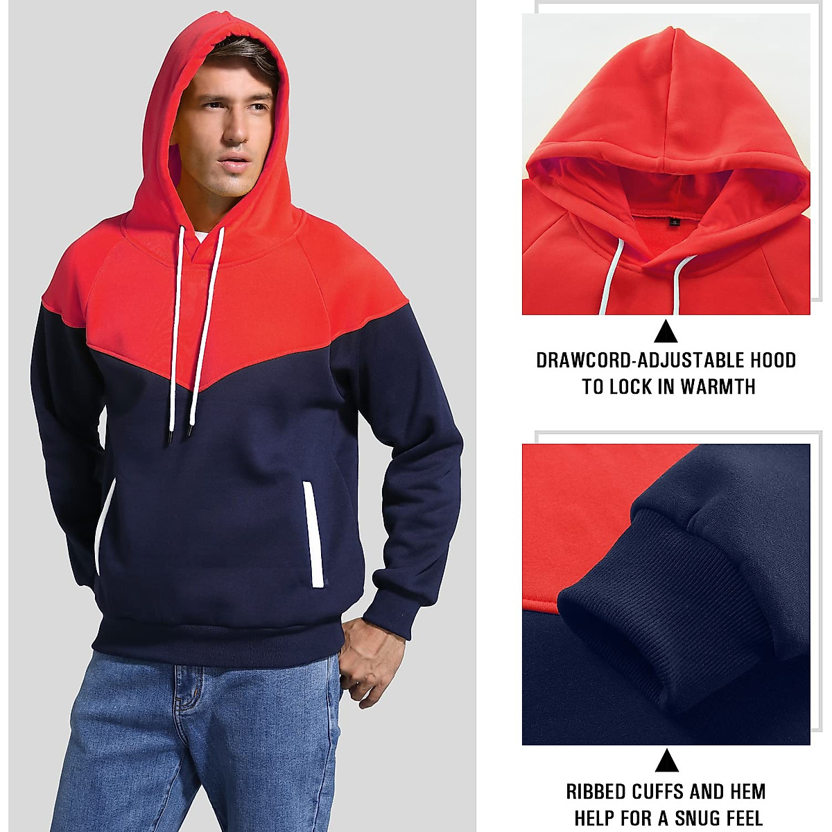 Niceif Men's Midweight Fleece Pullover Hoodies Casual Color Block Hooded Sweatshirt with Pockets, Red Navy M