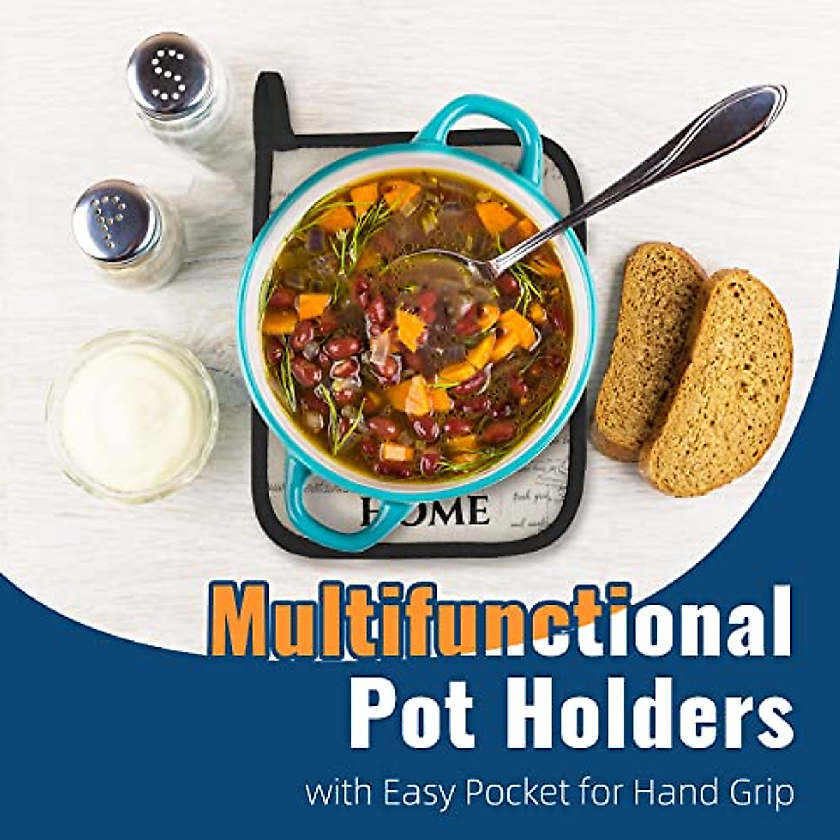 Warome Oven Mitts and Pot Holders Sets, 572°F Heat Resistant Oven Mitts with Soft Cotton Kitchen Towels, Multi-Function Kitchen Potholders with Pockets, Cute Hot Pads and Long Oven Mitts(6pcs)