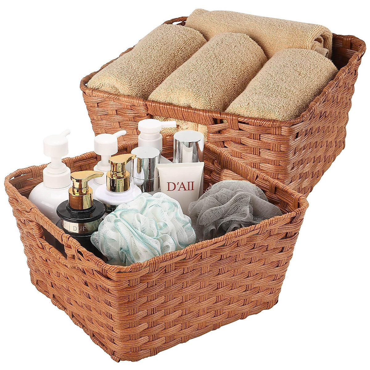 Onlytak Wicker Storage Baskets, Baskets for Shelves, Toilet Paper Storage Baskets, Woven Storage Baskets for Organizing, Caramel Orange, 12" x 12" x 6", 2-Pack