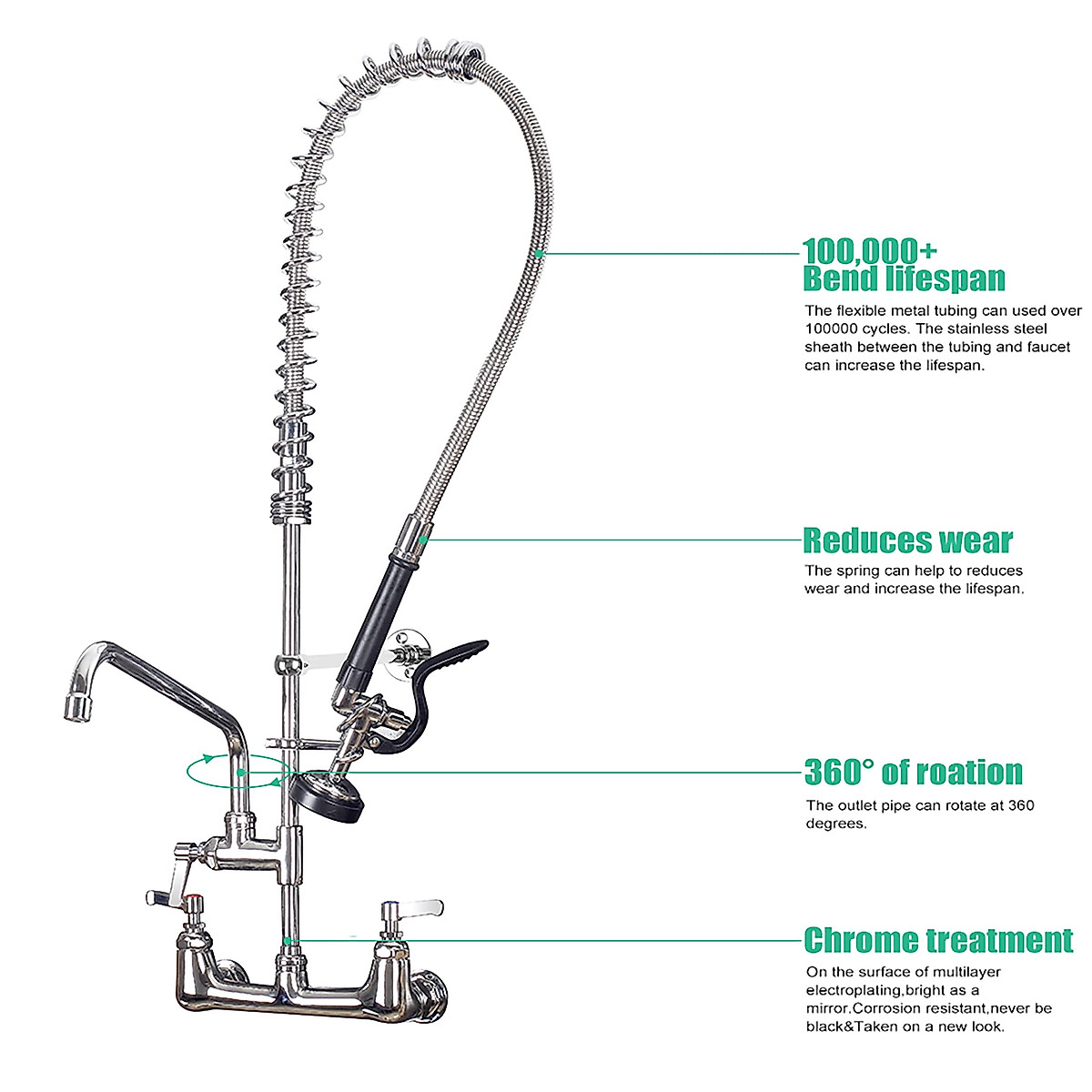 CWM Commercial Sink Faucet with Sprayer 36 inch Commercial Faucet Pre Rinse Sprayer 8 inch Wall Mount Center with 12 inch Add on Spout