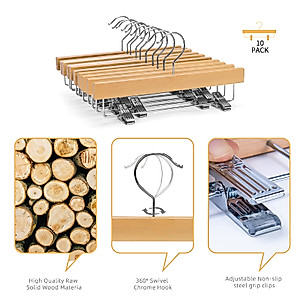 Nature Smile 11.8'' Kids Baby Toddler Children Solid Wooden Pants Hangers,Wood Skirts Hangers,Trousers Bottom Hangers with 2-Adjustable Clips Anti-Rust Hook Pack of 10 (Natural)