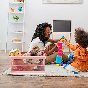 Transparent Storage Container Collapsible Storage Box with Lid Plastic Storage Bin Toy Organizer Stackable Book Box Clear Folding Utility Crate Tote Closet Shelf Basket - Pink