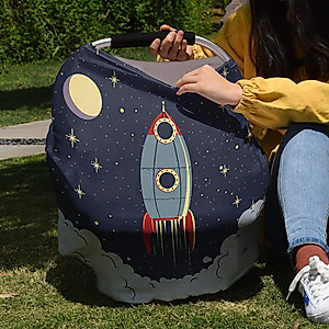 Car Seat Canopy Nursy Cover - Space Theme Cute Cartoon Rocket Moon and Stars Pattern - Multi Use Breastfeeding Scarf for Women, Baby Stroller Cover Shopping Cart Pad Breastfeeding Towel
