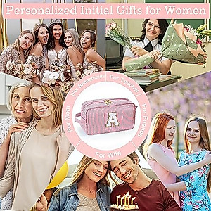 YOOLIFE Large Pink Makeup Pouch - Personalized Cute Initial Makeup Bag Cosmetic Travel Bag Make Up Bags Toiletry Pouch Gift Women Her Birthday Friend Female Friendship Sister Mom Teacher Bridesmaid S