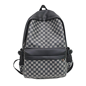MININAI Checkered Aesthetic Backpack for Women Men Vintage PU Leather Cool Y2K Laptop Backpack Plaid Alt Emo Casual Daypack (One Size,Black)
