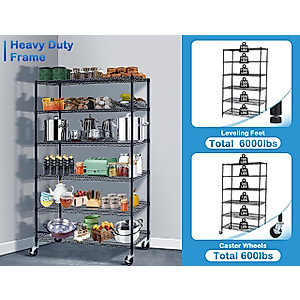 6000Lbs Capacity Storage Shelves, 6 Tier NSF Certified Heavy Duty Wire Shelving with Wheels, 48"Lx18"Wx78"H Adjustable Metal Shelving for Restaurant Pantry Kitchen, Storage Rack Utility Shelf