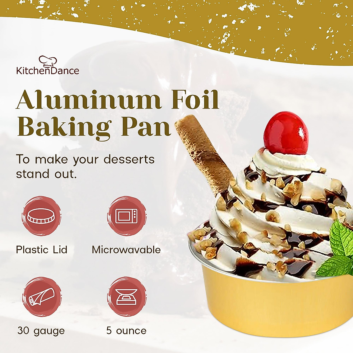 KitchenDance Disposable Colored Aluminum Foil Baking Pan with Lid - 5 Ounces Heavy Duty Baking Cups Perfect for Desserts, Creme Brulee, Flan, Mini Cakes - Pack of 100#A41 (Gold, Flat Lids)