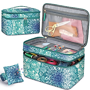 FINPAC Sewing Accessories Storage and Organizer Case, Double-Layer Sewing Kits Carrying Bag with Wrist Pin Cushion for Threads, Needles, Embroidery Floss Supplies, Felting Kits (Emerald Illusions)