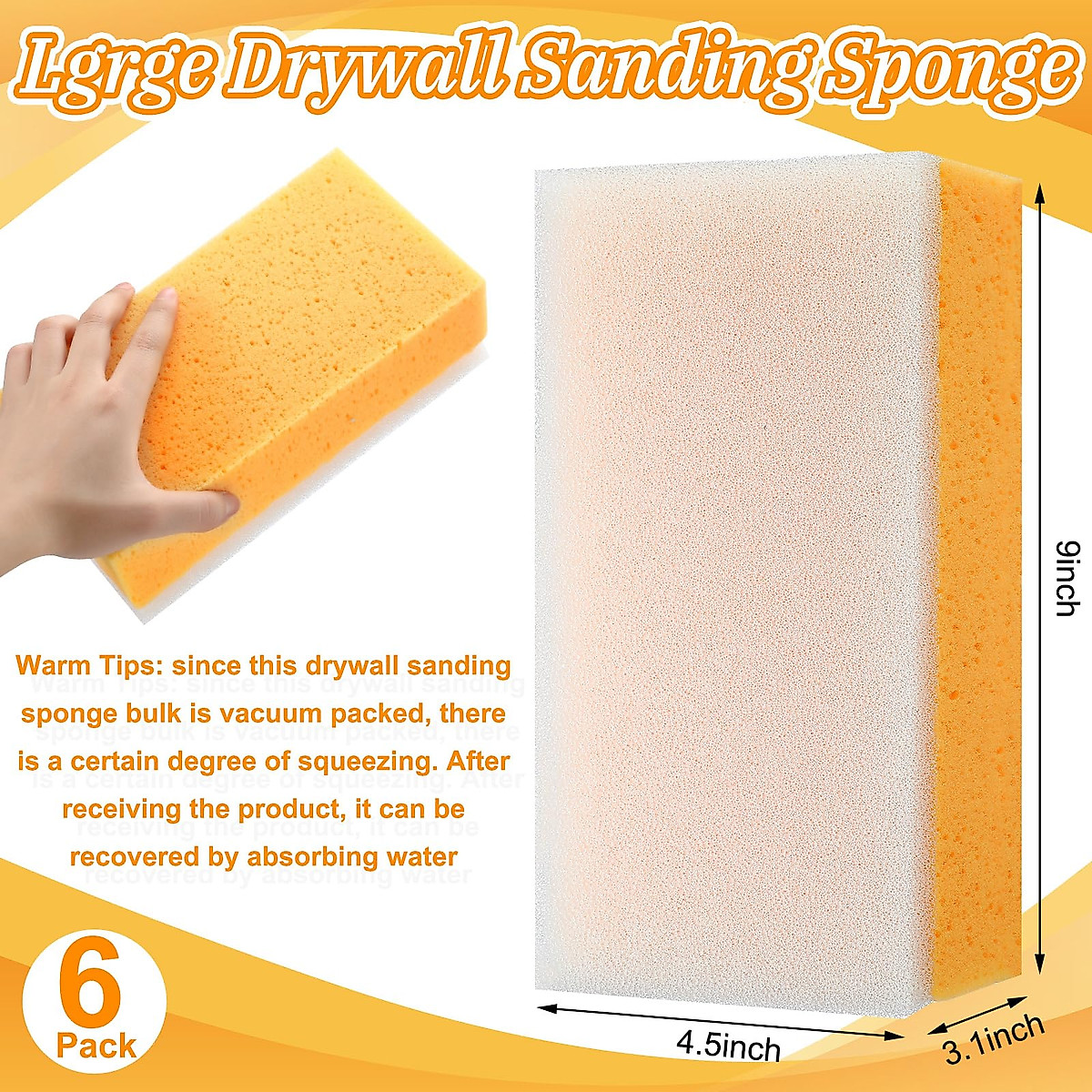 Gisafai 6 Pcs Drywall Sanding Sponge 9 x 4.5 x 3.1 Inch Sanding Blocks Drywall Washable and Reusable Drywall Sponge Sanding Blocks for Smoothing and Finishing Drywall Surfaces Tools