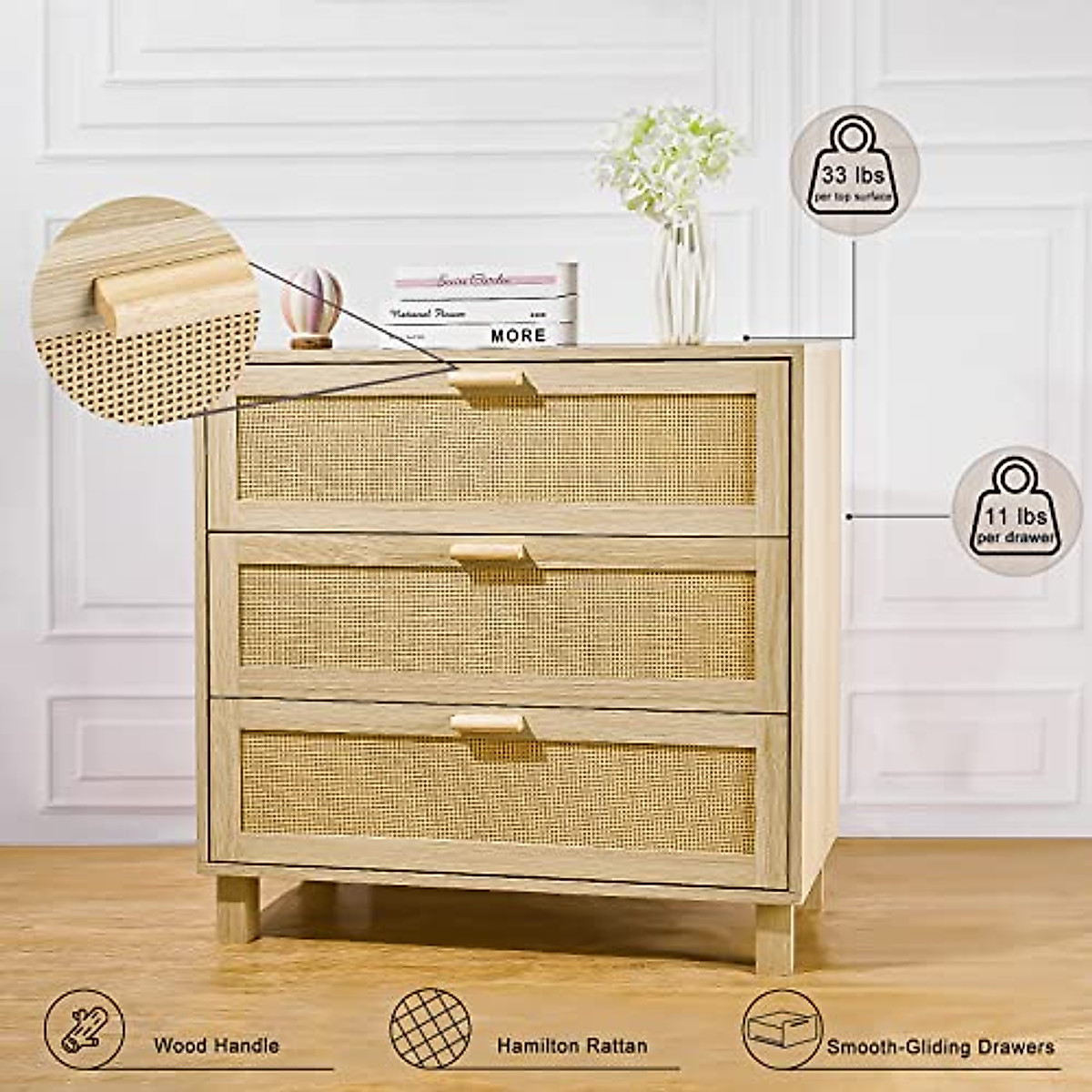 Graficial 3 Drawer Dresser, Rattan Chest of Drawers, Closet Storage Bedside Table Dresser for Bedroom