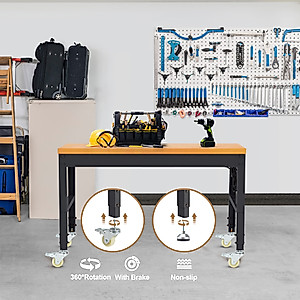 HABUTWAY Height Adjustable Workbench with Wheels 48" x 24" 2000 Lbs Capacity Oak Wood Work Station Heavy-Duty Rolling Work Tables for Garage Party Shop Office