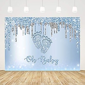 7x5ft Oh Baby Backdrops Baby Shower Background for Boy Oh Boy Little Feet Backdrop for Photography Glitter Blue Baby Shower Boys 1st Birthday Party Decor It's A Boy Baby Shower Banners Photo Props