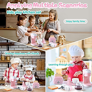 Kitchen Appliances Toys, Kids Play Kitchen Accessories Set, Pretend Kitchen Toys for Kids Ages 4-8, Coffee Maker, Mixer, Toaster with Realistic Lights & Sounds, Gift for Girls Ages 3+