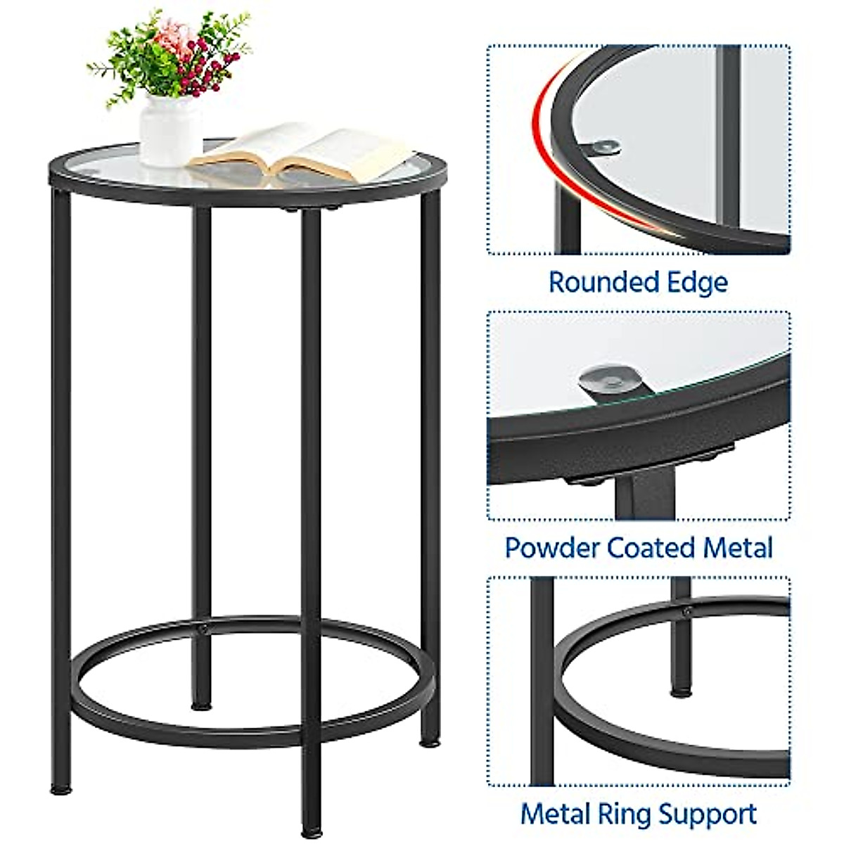 Yaheetech End Table,Round Side Table,Small Coffee Accent Table Nightstand Modern Style w/Glass Top & Metal Frame for Living Room, Balcony, Bedroom, Porch, Small Space,Black