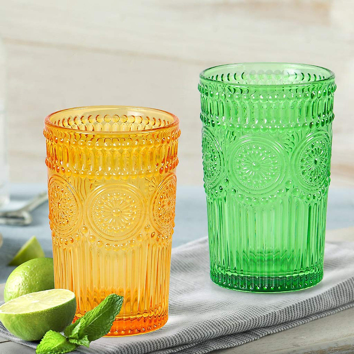 MDLUU Colored Glassware, Multicolor Drinking Glasses, Embossed Water Glasses, Colored Tumblers Glass, Capacity 12oz/345ml, Set of 4