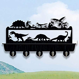Dinosaur Wall-Mounted Coat Hooks Hat Rack with 5 Vintage Metal Hooks, Hat Rack and Upper Wooden Storage Shelf, Entryway, Kitchen, Bathroom, Living Room,16inch, Black,11lbs
