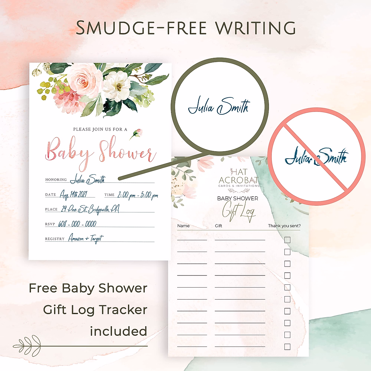 Hat Acrobat Boho Baby Shower Invitations (25pcs) - Pink Floral It's a Girl, Including Envelopes, Diaper Raffle Tickets, Book Request Cards, Thank You Cards