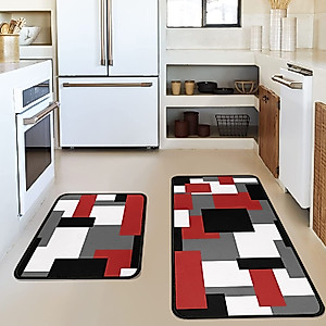 Red Black White Geometric Patterns Kitchen Rugs and Mats Set of 2,Modern Decoration Style Kitchen Mat Non-Slip Absorbent Mats for Sink Waterproof Runner Rug for Laundry Room 17x30+17x48inch