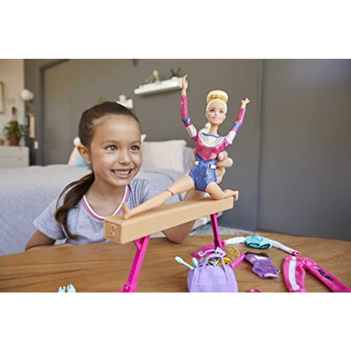 Barbie Gymnastics Playset with Doll and 15+ Accessories, Twirling Gymnast Toy with Balance Beam, Blonde Doll