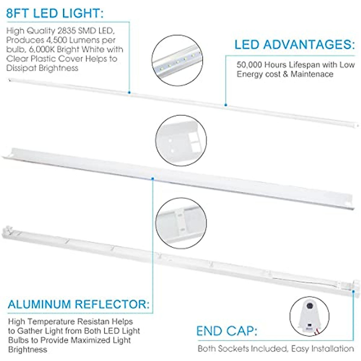 BRILLIHOOD 8FT LED Garage Shop Light, 80W (190W Equiv.), 8000LM LED Ceiling Light Fixtures, 6000K (Cool White), T8/T12 Fluorescent Light Fixture for Warehouse, Supermarket, Workshop Office, 2-Pack