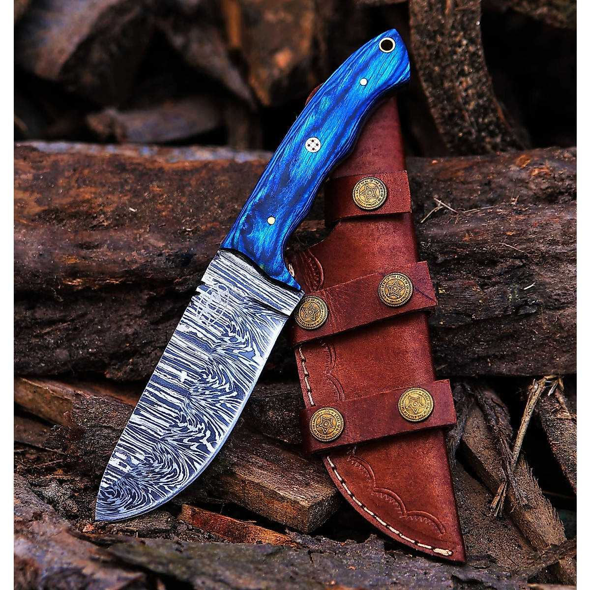 BCK damascus knife damascus steel hunting knife Fixed Blade Hunting Knife with Sheath - Damascus Knife with Blue Wood Handle - 9.75 Inches Handmade Camping Knife Prime Quality EDC camping Knife.