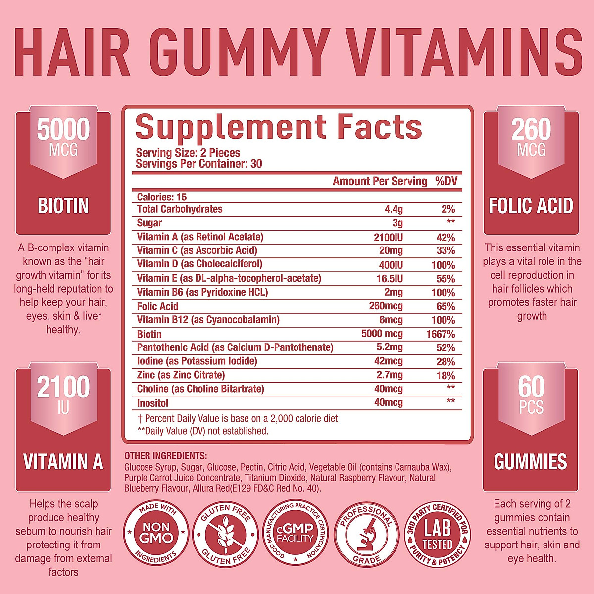 Premium Hair Vitamins Supplement-Gummy Vitamins w/Biotin, Folic Acid, Vitamins A&D-Supports Faster Hair Growth & Promotes Healthy Hair, Skin, & Nails-60 Non-GMO Berry Flavored Gummies