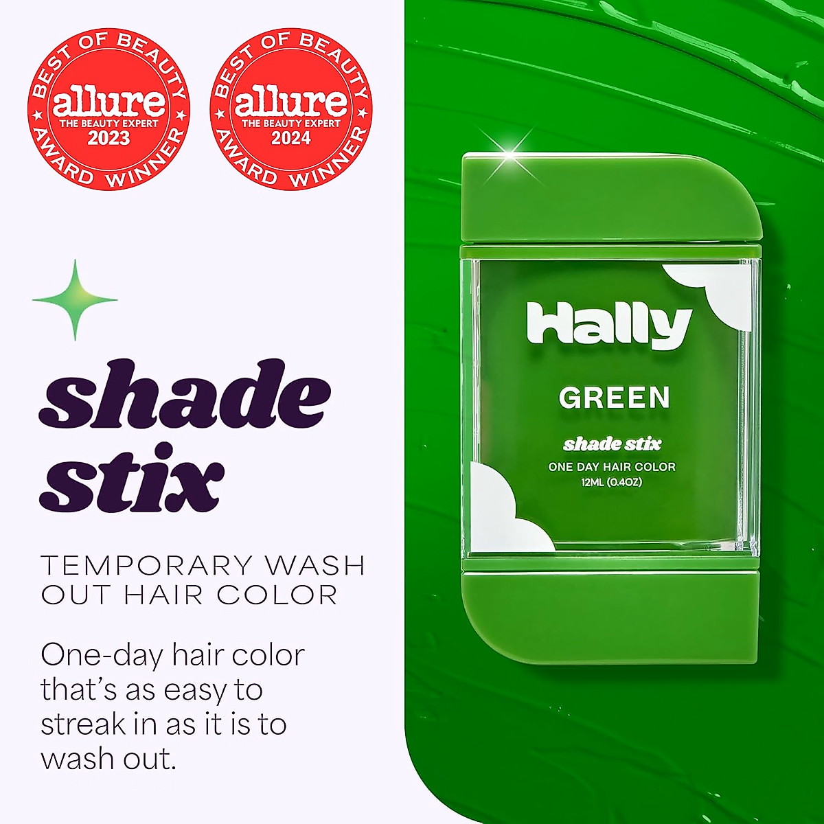 Hally Hair Temporary Hair Color, Shade Stix (Green) - 12 ml Washable Hair Chalk for Kids, Teens & Adults - One Day Pop of Color Hair Dye for Festivals, Sporting Events & Parties, All Hair Types
