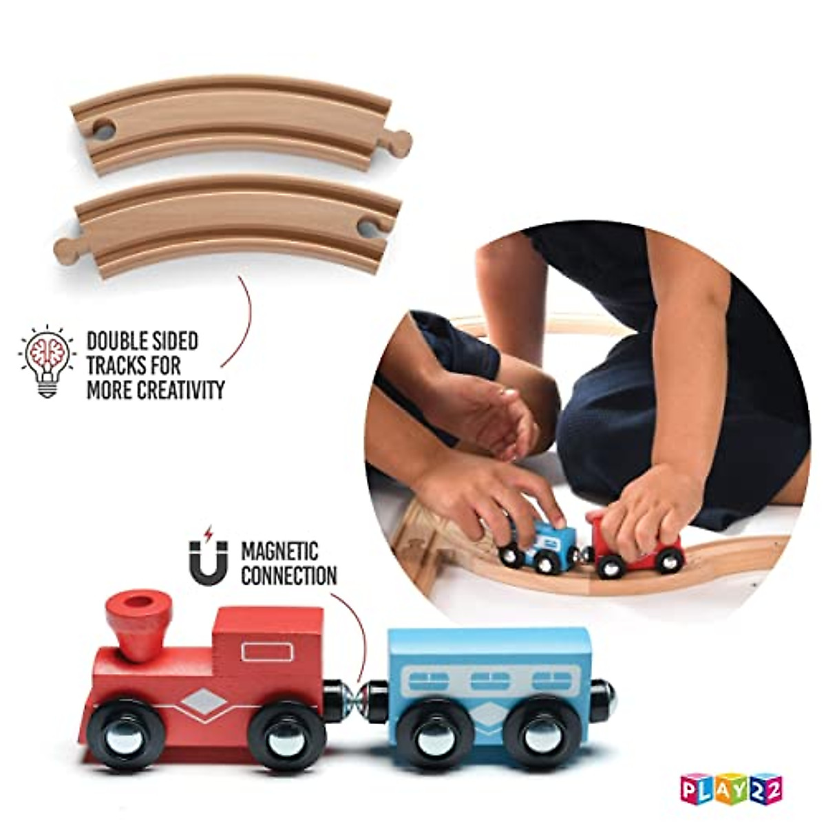 Play22 Wooden Train Tracks - 52 PCS Wooden Train Set + 2 Bonus Toy Trains - Train Sets for Kids - Car Train Toys is Compatible with Thomas Wooden Railway Systems and All Major Brands - Original