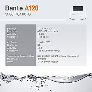 Bante A120 Laboratory pH Meter | Benchtop pH Meter | ±0.002 pH Accuracy, 5 Points Calibration, Selectable ORP Measurement Mode, Auto-Read Endpoint, 1000 Sets of Data Storage