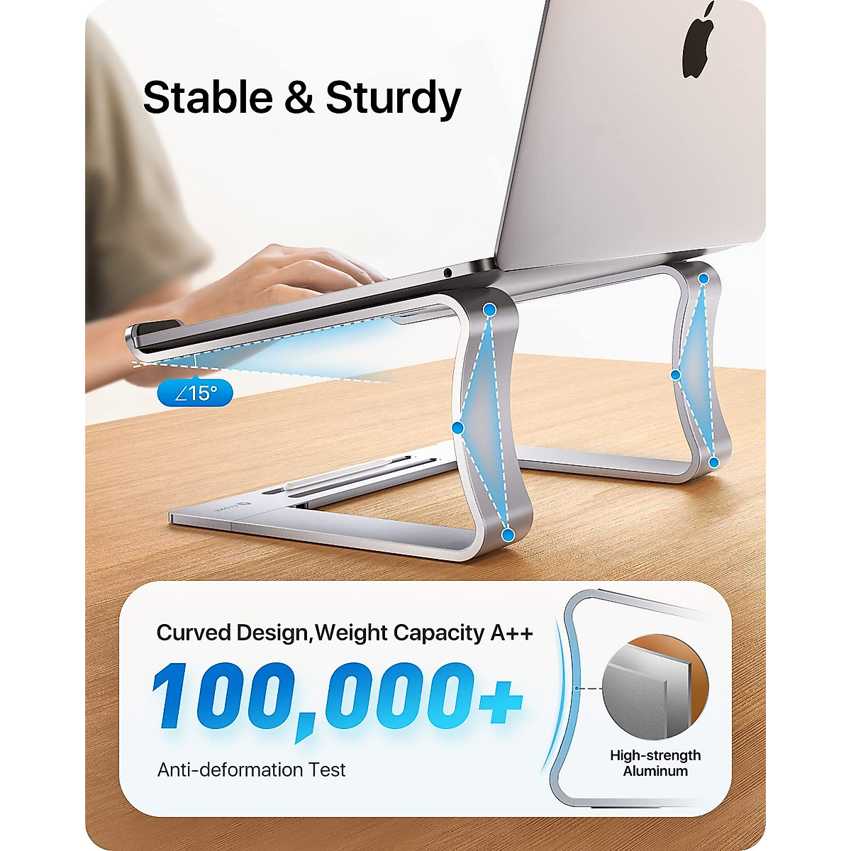 andobil Portable Laptop Stand, [Cooling & Neck Friendly] Solid Ergonomic Ajustable Laptop Desk Stand Compatible with 16 inch MacBook Pro, Air, All Lap Top 10-17.3 inch, Silver