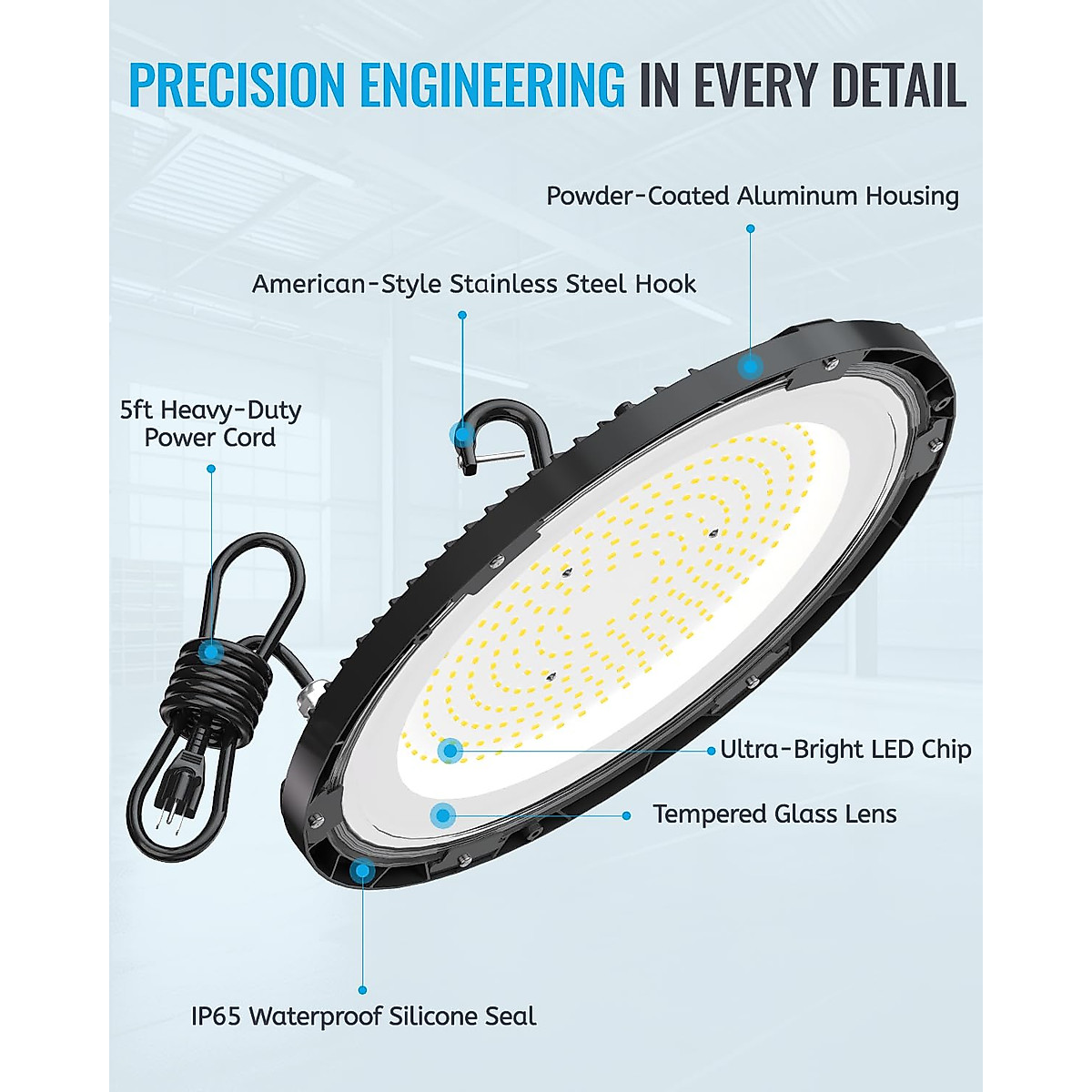 Fullmeii 6Pack 150W UFO LED High Bay Light, 21,000lm 5000K Daylight Commercial Lighting, IP65 Waterproof Shatterproof Fixture with 5' Cable, UL Listed for Industrial Warehouse