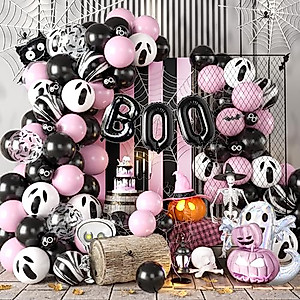 Halloween Balloon Garland Kit, GREMAG Halloween Decorations with Black Macaron Pink Agate Black Eyes Ghost Balloon, BOO Bat Skull Ghost Aluminum Film Balloon, 88 Pcs Set Halloween Party Favors for Kid