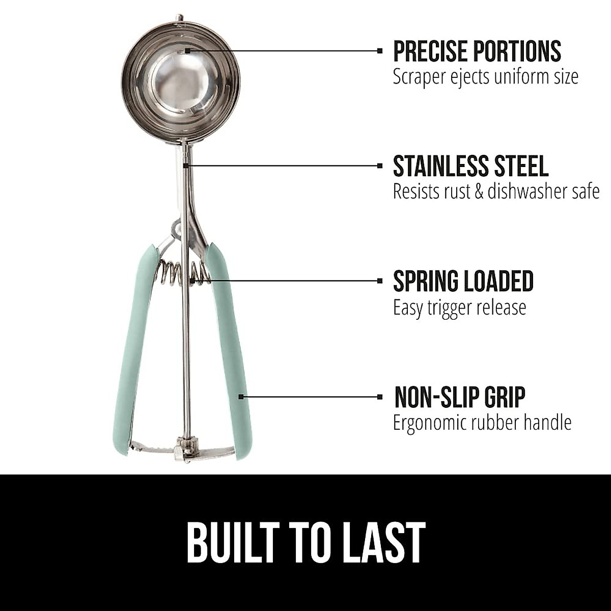 Gorilla Grip Stainless Steel Multipurpose BPA-Free Spring Scoop, 2 TBSP, Melon Ballers, Cookie Dough Scoops, Perfect Portion Sizes, Easy Squeeze and Clean Release, Scooper Size 30, Mint