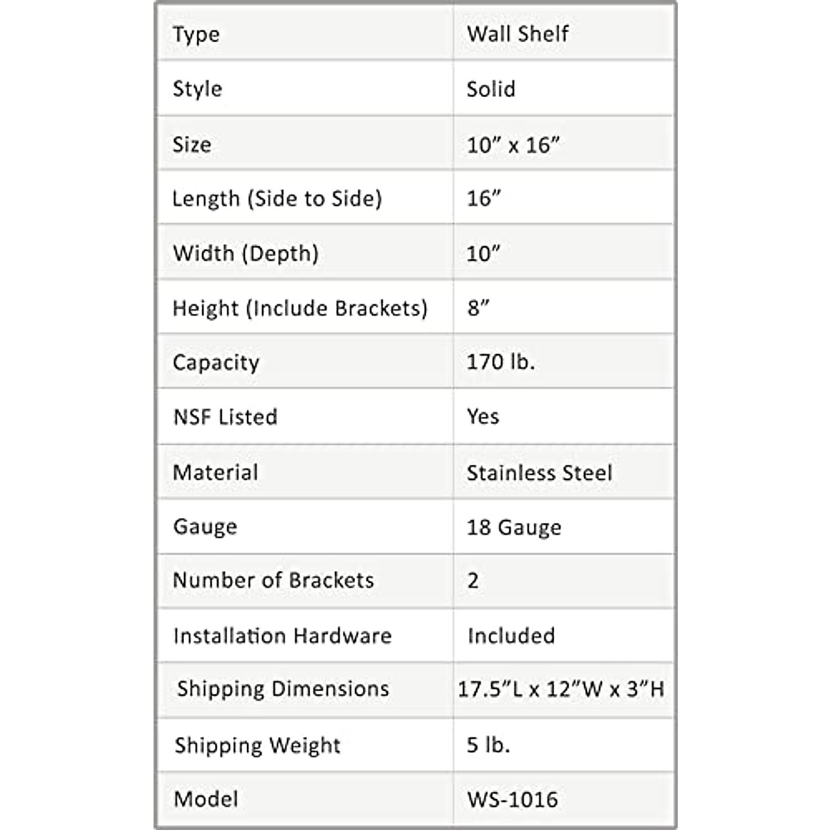 AmGood 16" Long X 10" Deep Stainless Steel Wall Shelf | NSF Certified | Appliance & Equipment Metal Shelving | Kitchen, Restaurant, Garage, Laundry, Utility Room