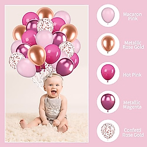 GREMAG Pink Balloons, 12inch Hot Pink Rose Gold Macaron Pink Metallic Magenta Confetti Balloon Kit with Ribbons, 60Pcs Latex Balloon for Birthday Baby Shower Anniversary Wedding Graduation Girls Party