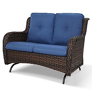 Bellefurn Patio Loveseat Wicker Loveseat Rattan Glider Sofa with Curved Armrest Thicking Back & Seat Cushions for Garden Balcony Backyard Brown Wicker|Blue Cushions (A) Patio Loveseat Glider