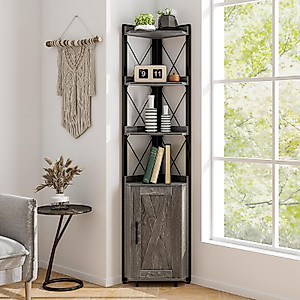 Tangkula Tall Corner Storage Cabinet, 71” Industrial 6 Tier Storage Shelf w/Door Cabinet, Corner Bookshelf Plant Stand, X-Shaped Metal Frame Standing Cabinet for Living Room, Small Spaces (Grey)