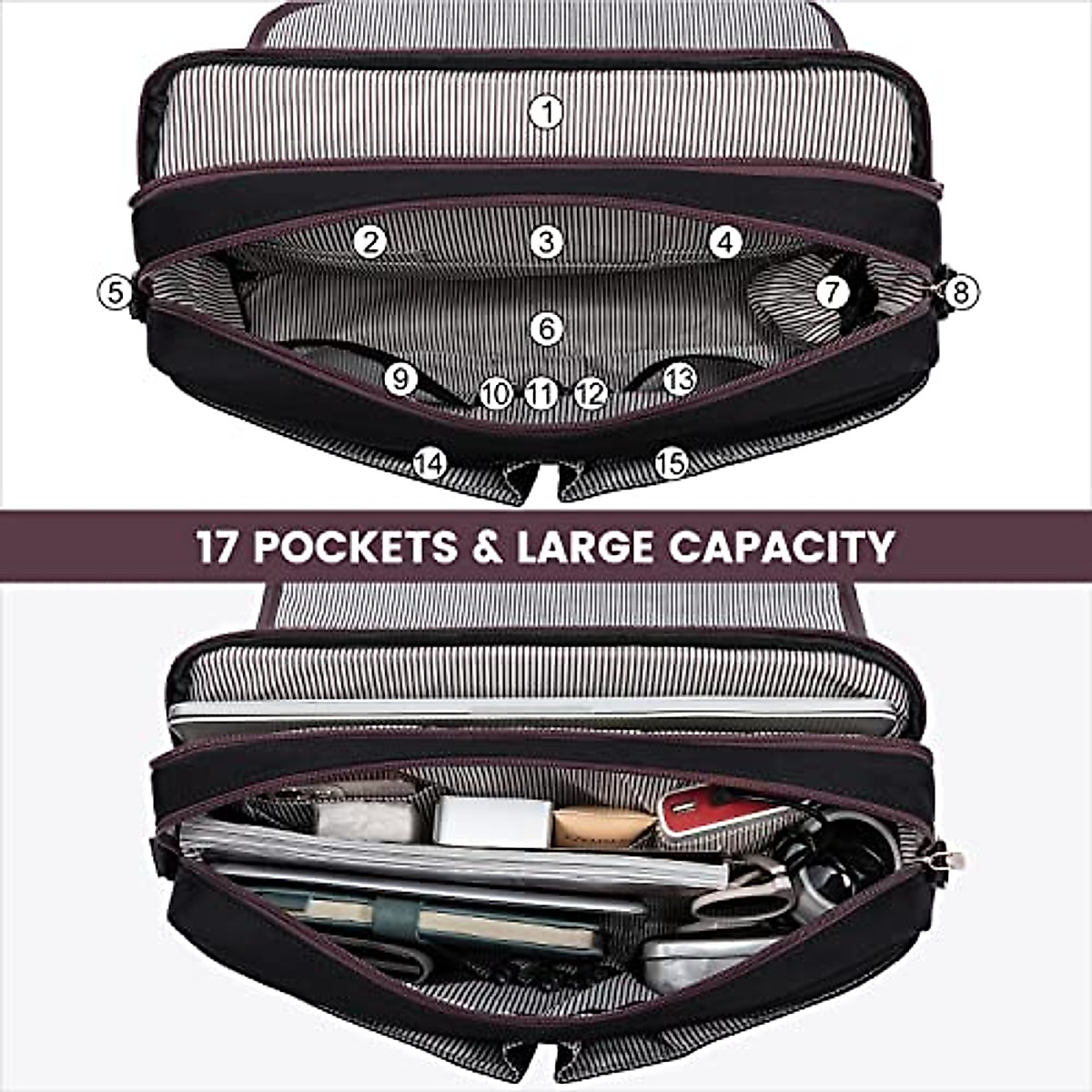 LOVEVOOK Laptop Bag for Women, 15.6 inch Large Capacity Computer Briefcase Case, Crossbody Messenger Shoulder Bag, Office Business Work Tote Bags Purse for Travel Gifts, Deep Plum-black