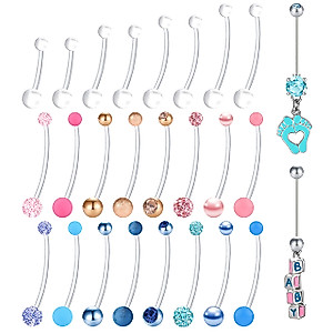 EVELICAL 26Pcs Pregnancy Belly Button Rings Long Bar Maternity Flexible Bioplast CZ Clear Navel Rings Sport Belly Piercing Retainer Body Jewelry Blue
