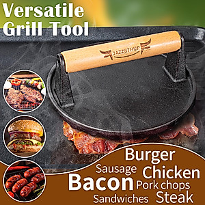 Jazzsthup Smash Burger Press, 6.88" Round Bacon Press with Wood Handle, Perfect Hamburger Press Patty Maker, Food-Grade Cast Iron Burger Smasher for Griddle incl. 20Pcs Patty Paper